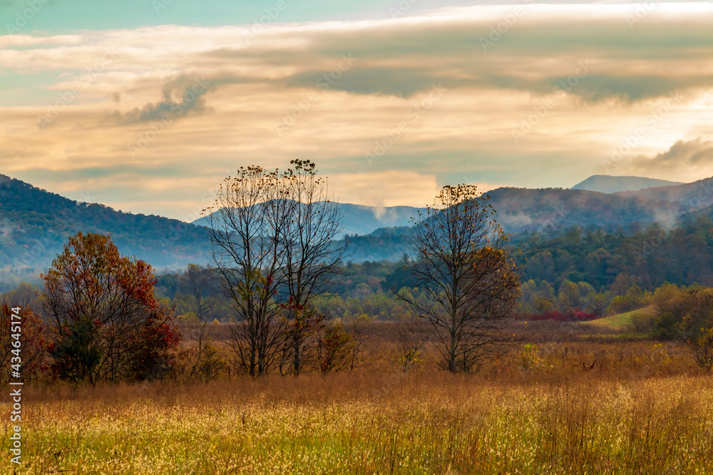 vibrant autumn landscape taken in Cades Cove valley in the Great Smoky ...