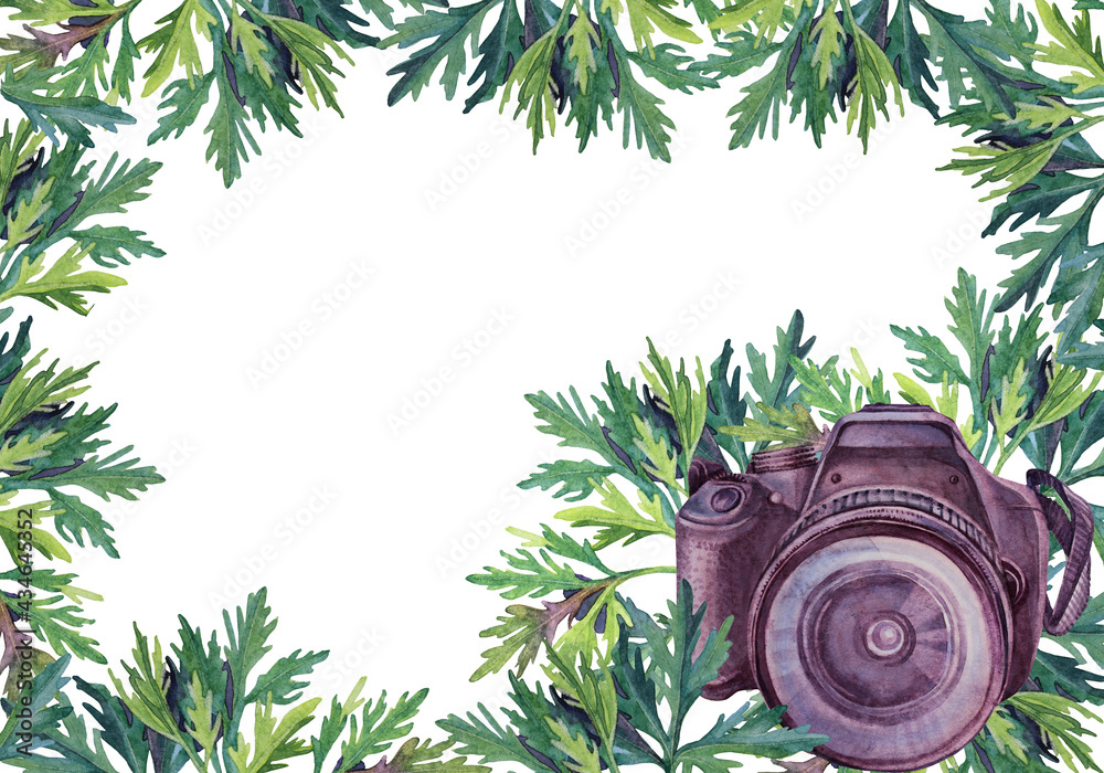 Watercolor frame border with camera and green leaves isolated on white ...