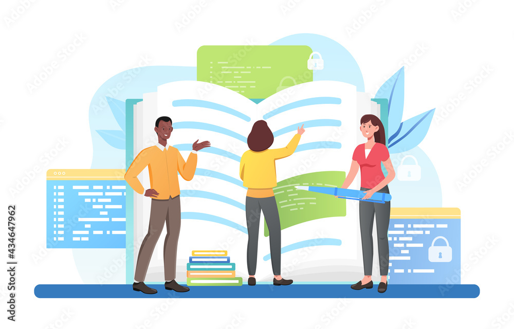 Male and female characters standing at open book with coding text Stock ...