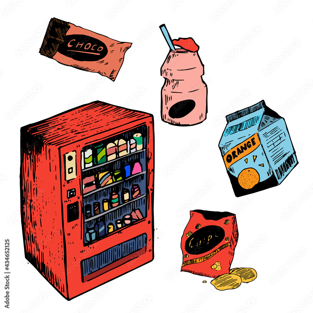 Vending machine colored illustration. Snacks, milk, chocolate bar ...