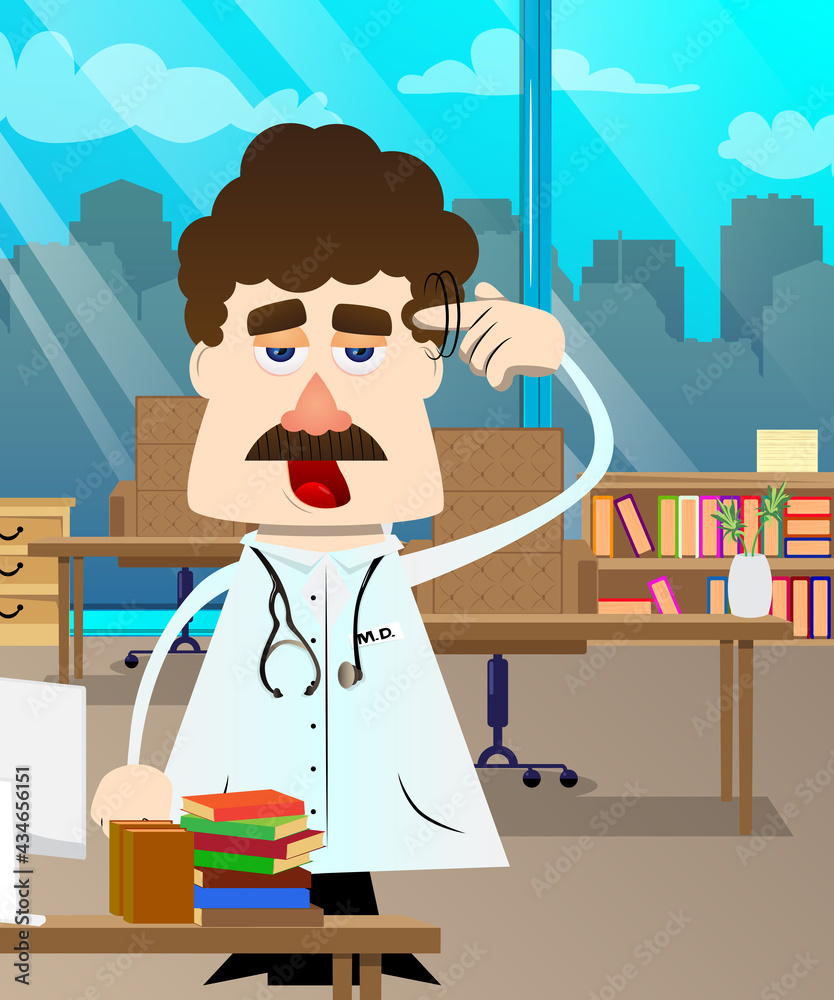 Funny cartoon doctor shows a you're nuts gesture by twisting his finger ...