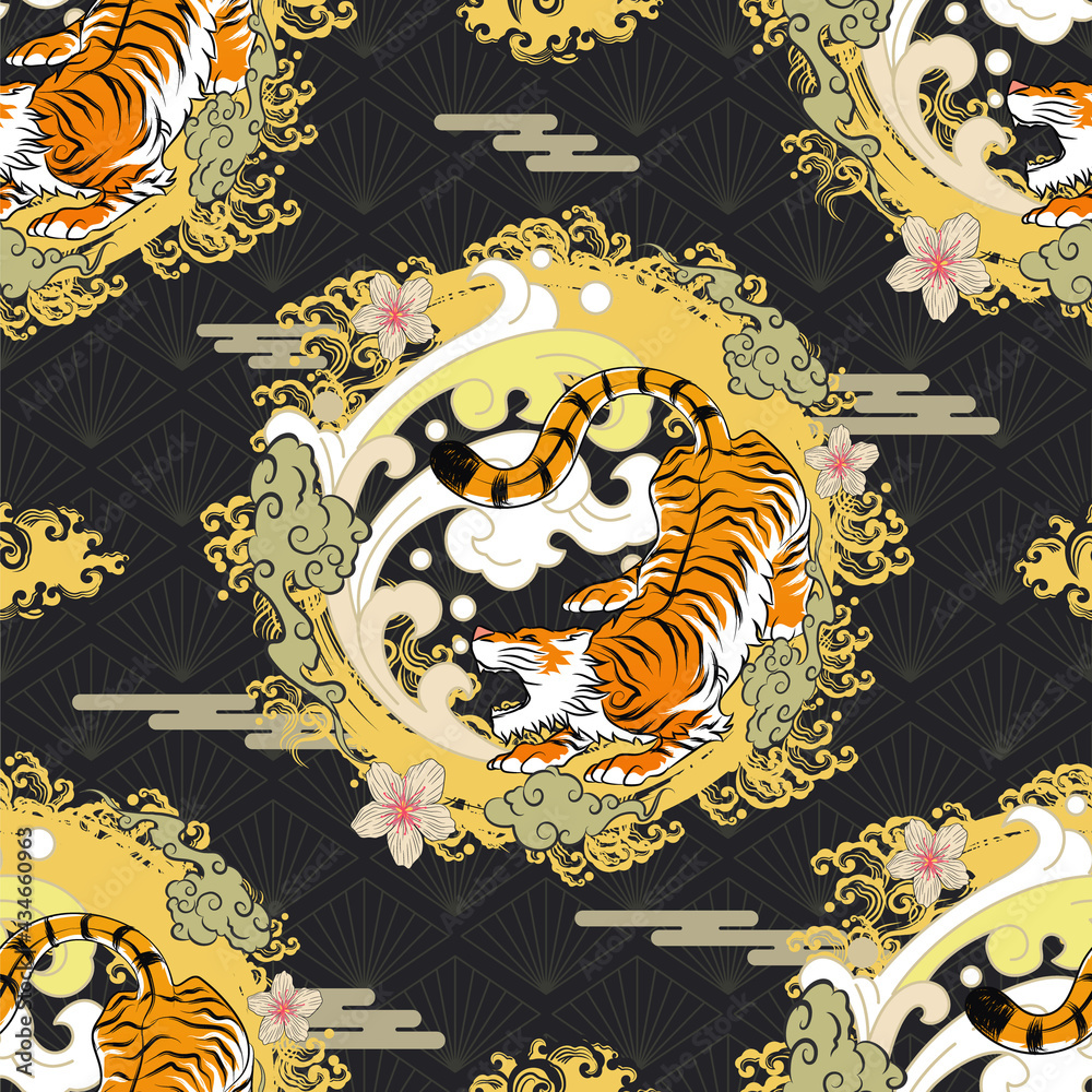 Seamless Art Japanese Repeat Pattern Fierce Tiger Bowing on Yellow ...