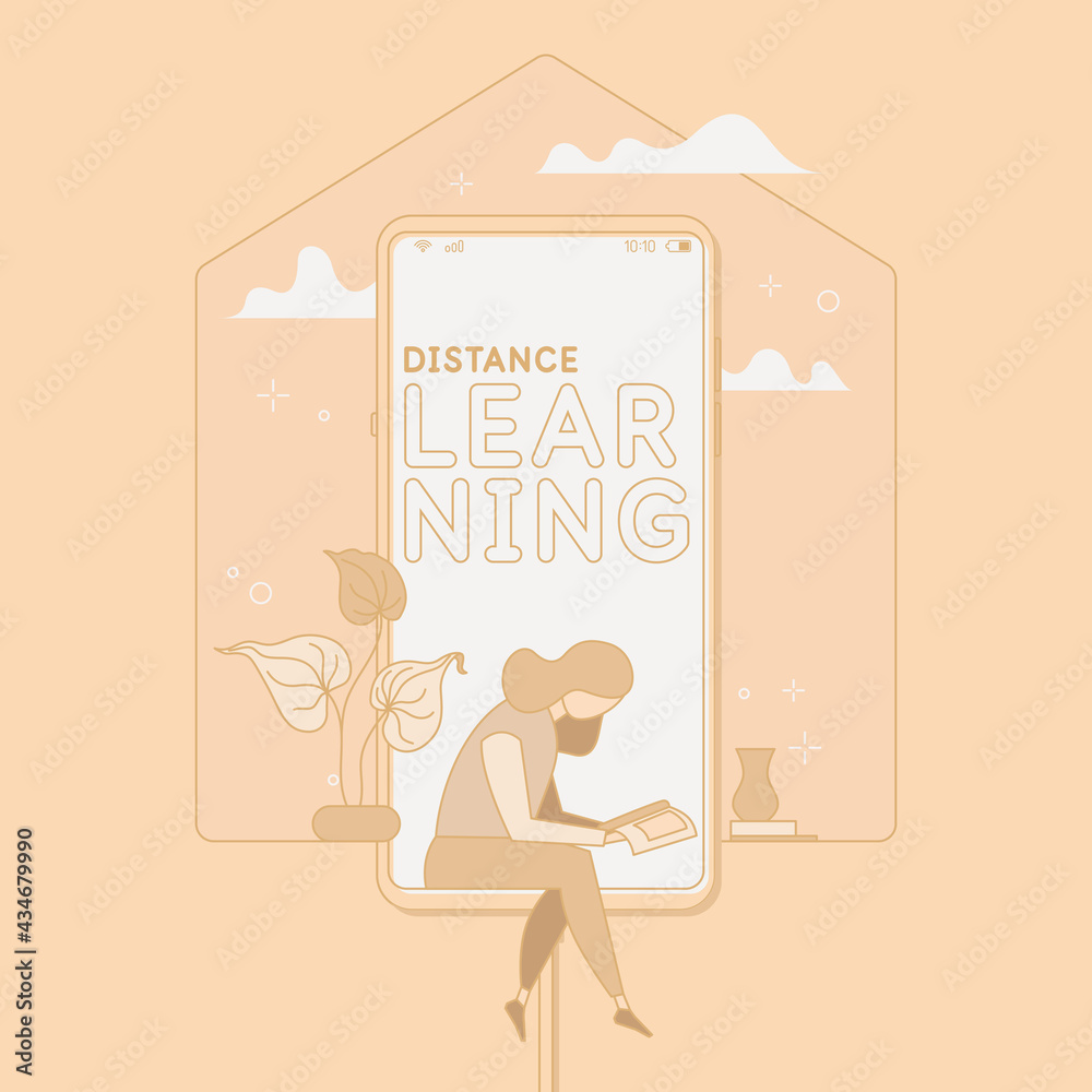 The concept illustration depicts distance learning. The poster shows a ...