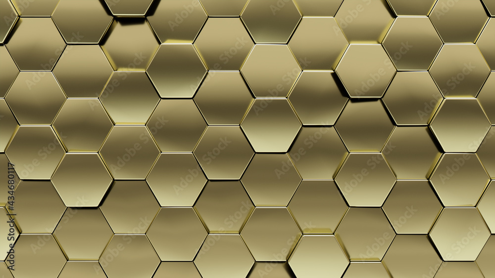 Glossy, Gold Mosaic Tiles arranged in the shape of a wall. 3D, Polished ...