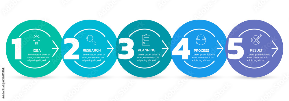 5 steps info graphic with arrow and outline icons. Business process ...