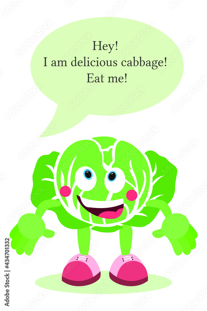 Cartoon white cabbage. Cabbage with face, arms and legs. Food is like a ...