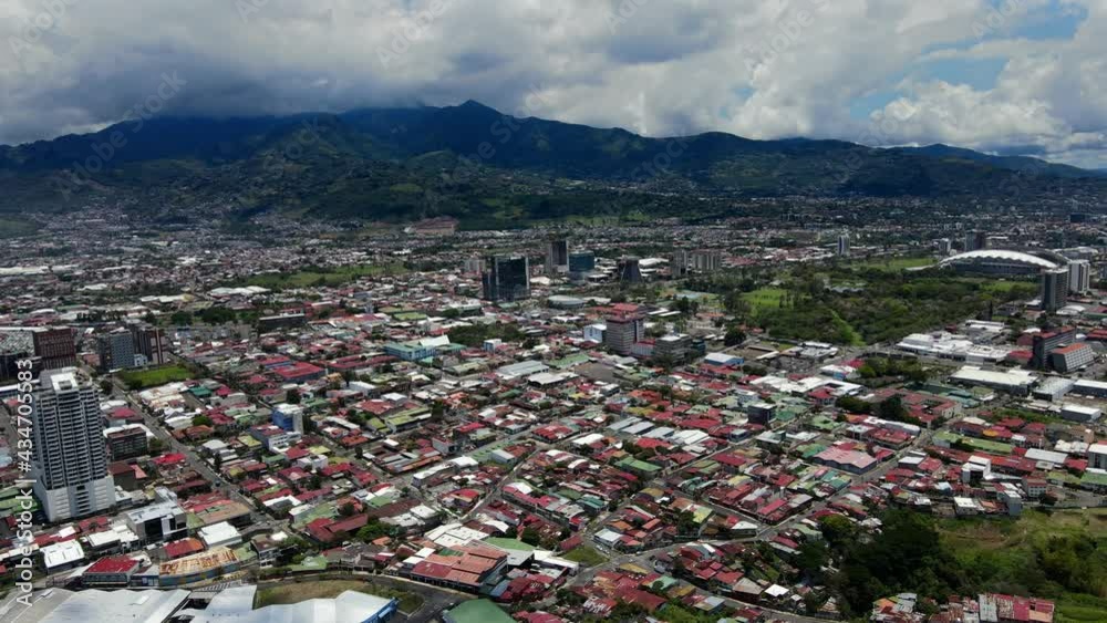 Beautiful cinematic aerial view of the City of San Jose Costa Rica, its ...