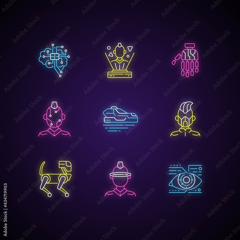 Cyberpunk attributes neon light icons set. Bionic limb. Science fiction ...