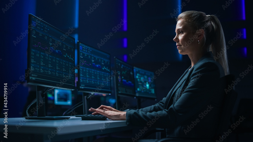 Confident Female Data Scientist Works on Personal Computer in Big ...