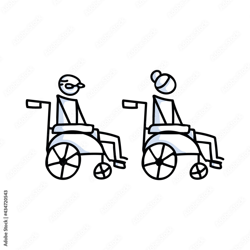 Drawn stick figure of old man and old woman in wheelchair. Elderly ...