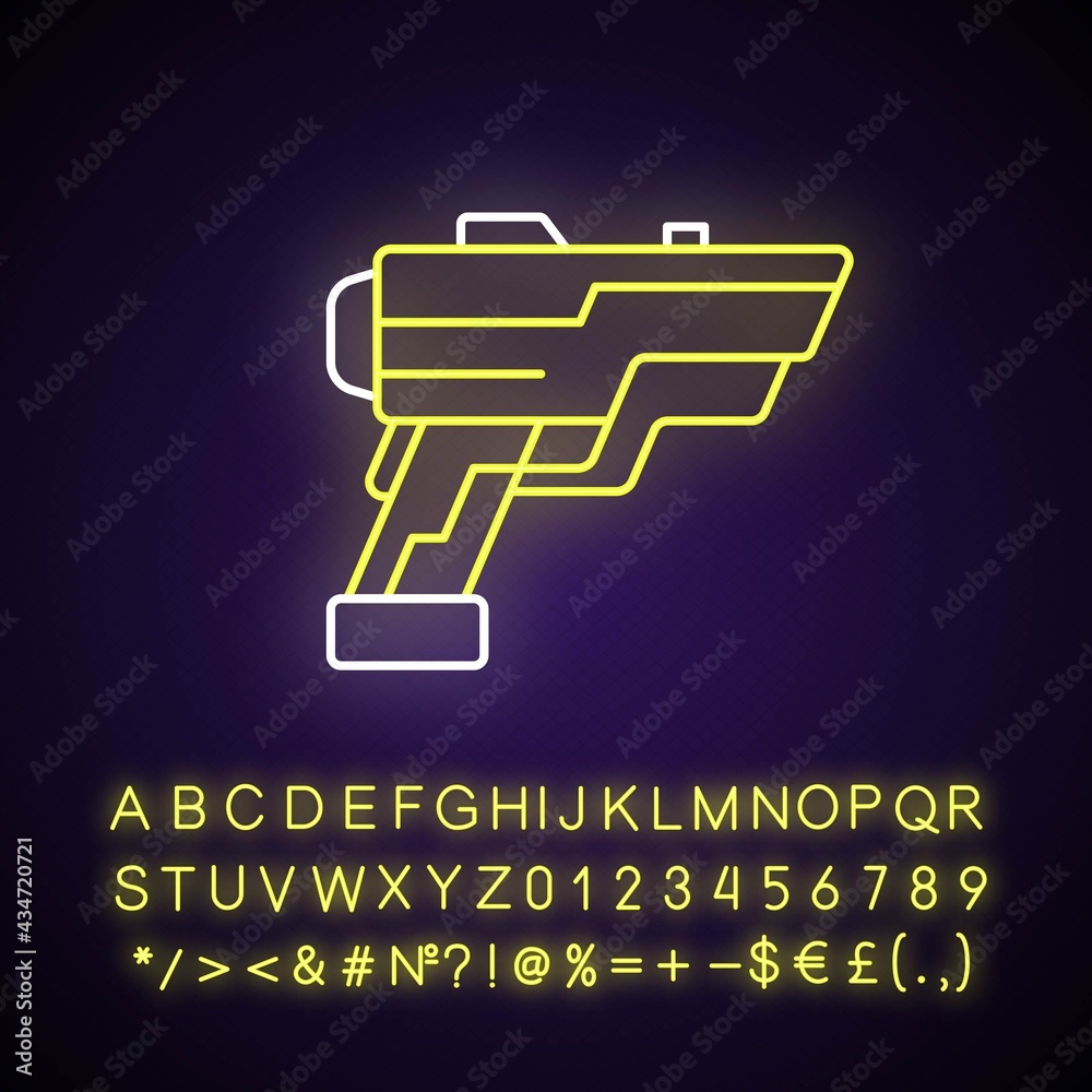 Laser weapon neon light icon. Ray gun. Beam pistol. Dystopian war ...