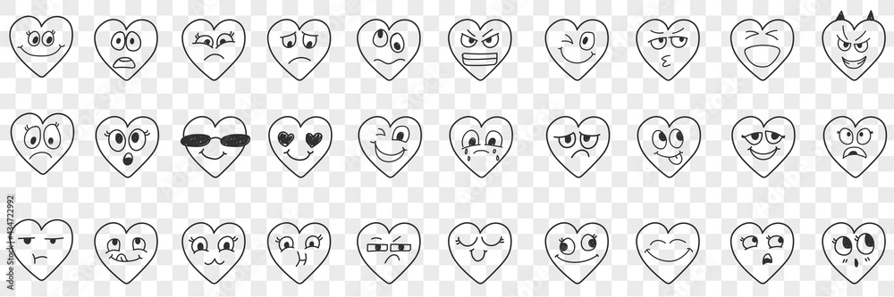 Heart facial expressions doodle set. Collection of hand drawn various ...