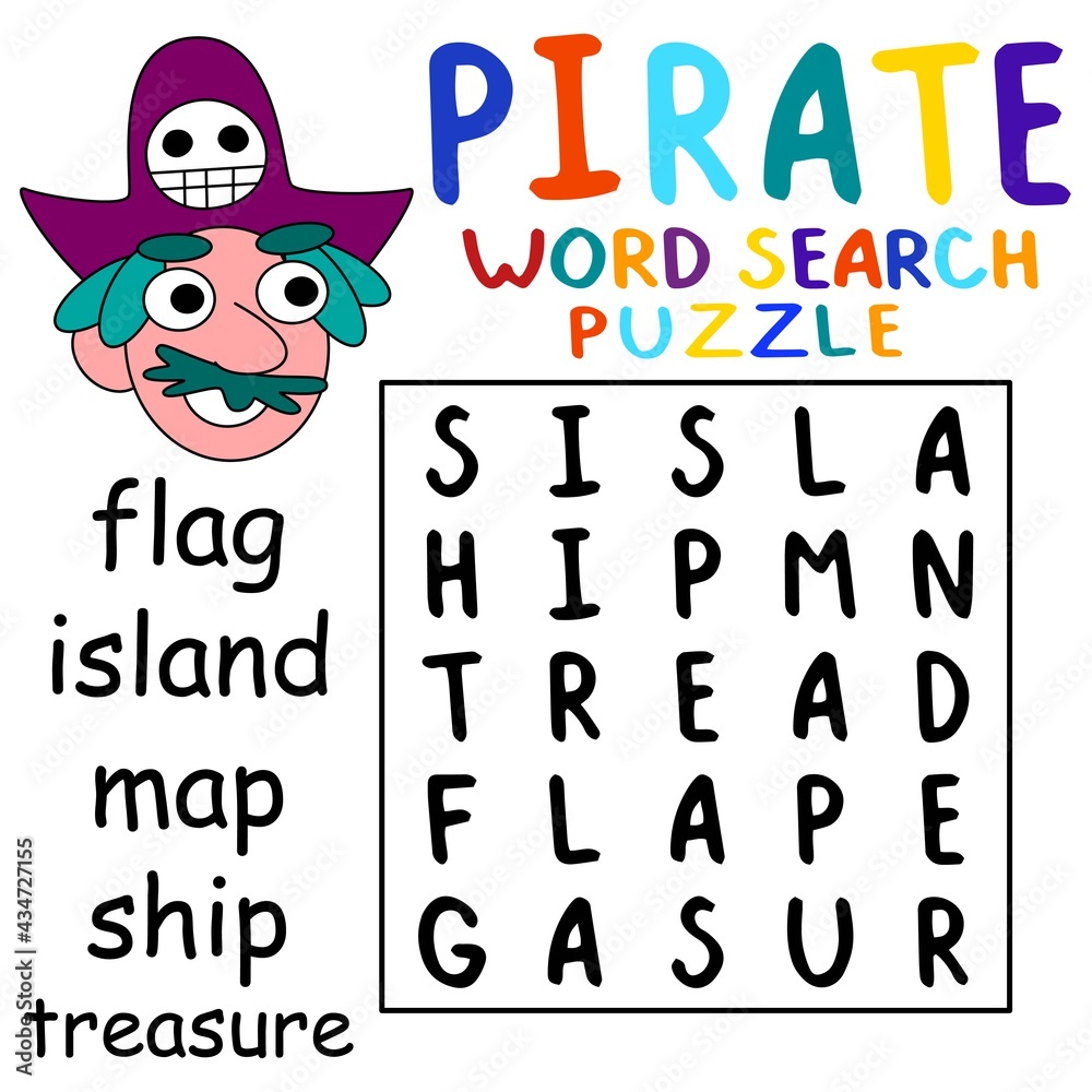 Pirate word search puzzle for kids stock vector illustration. Funny ...