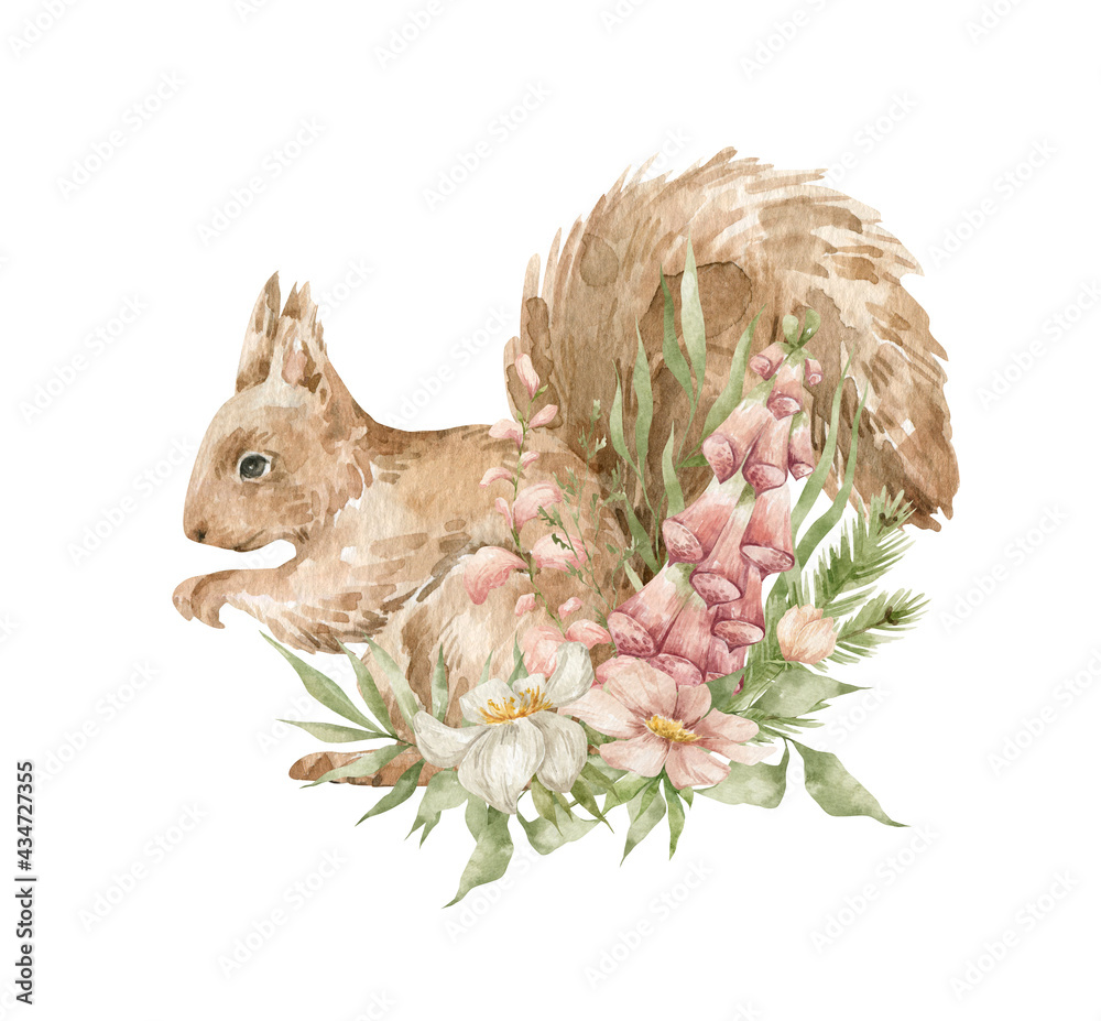 Watercolor cute red squirrel and flower bouquet. Wild forest animal and ...
