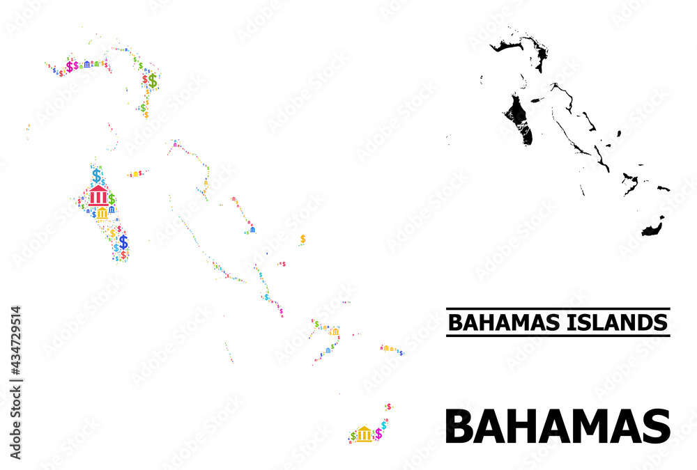 Multicolored bank and dollar mosaic and solid map of Bahamas Islands ...