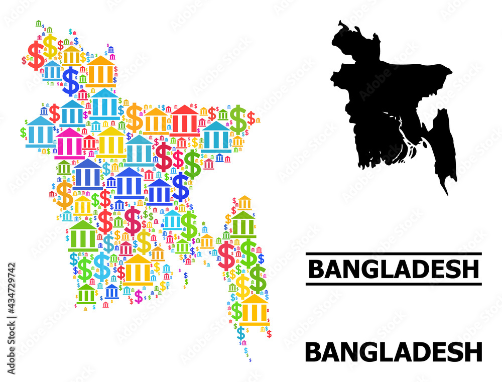 Colorful bank and dollar mosaic and solid map of Bangladesh. Map of ...