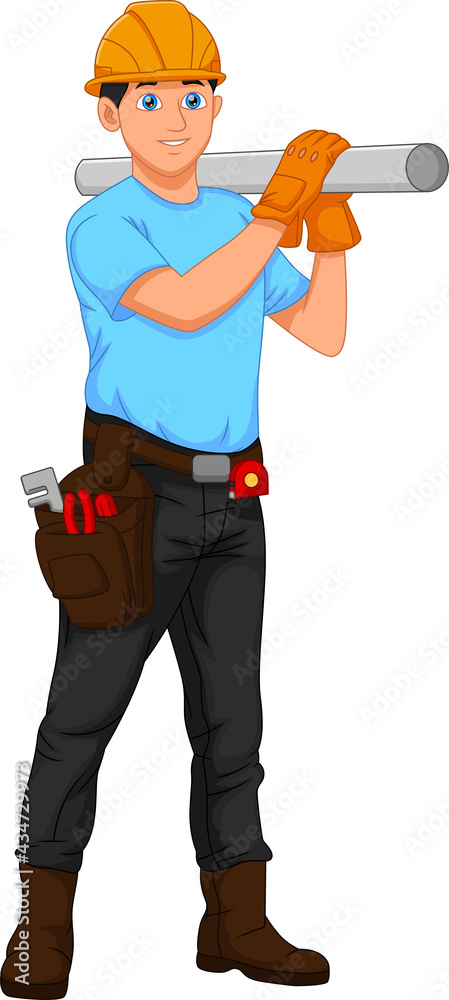 Cartoon Plumber boy posing with pipe Stock Vector | Adobe Stock