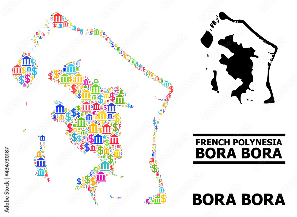 Bright colored bank and economics mosaic and solid map of Bora-Bora. Map of Bora-Bora vector ...