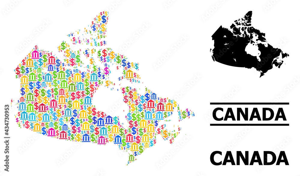Multicolored bank and commercial mosaic and solid map of Canada. Map of ...