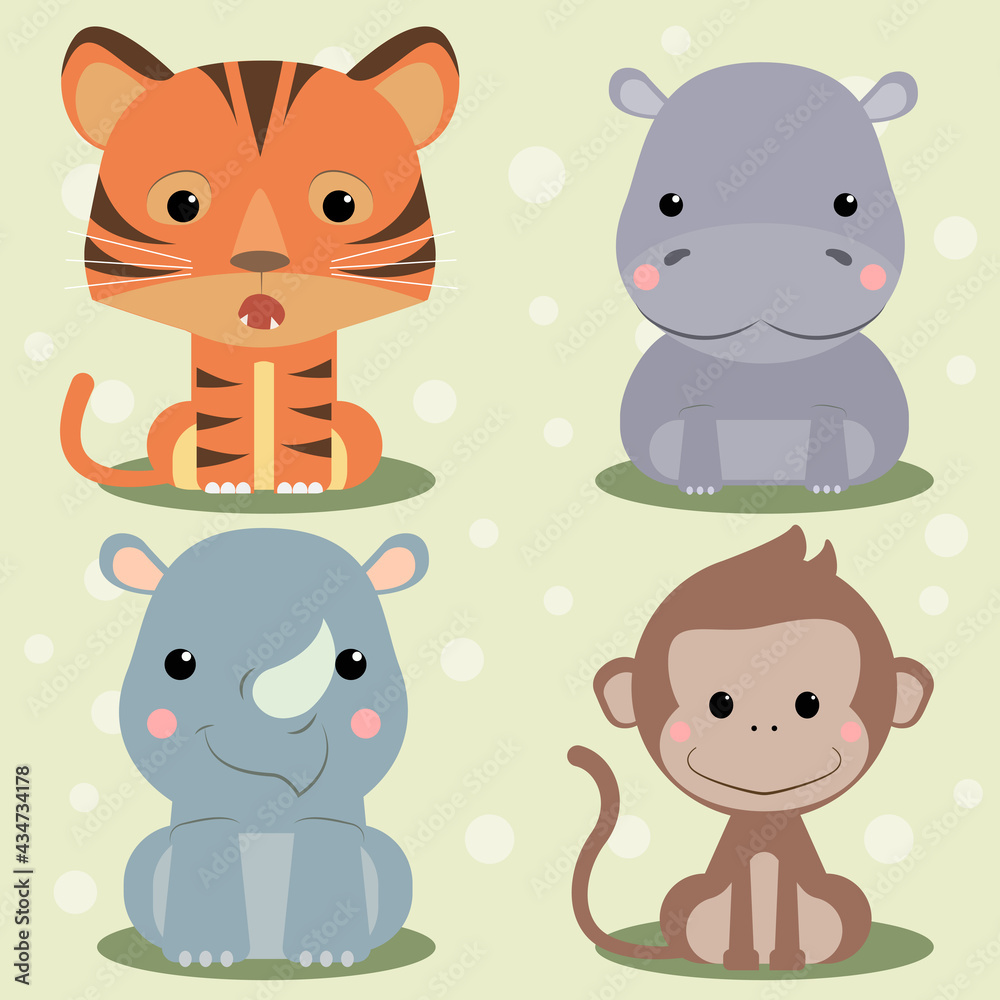 Set of cute vector cartoon wild animals with a tiger hippo rhino and ...