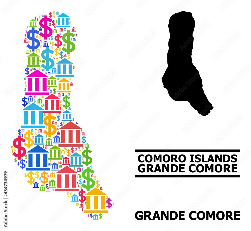 Bright colored bank and dollar mosaic and solid map of Grande Comore ...