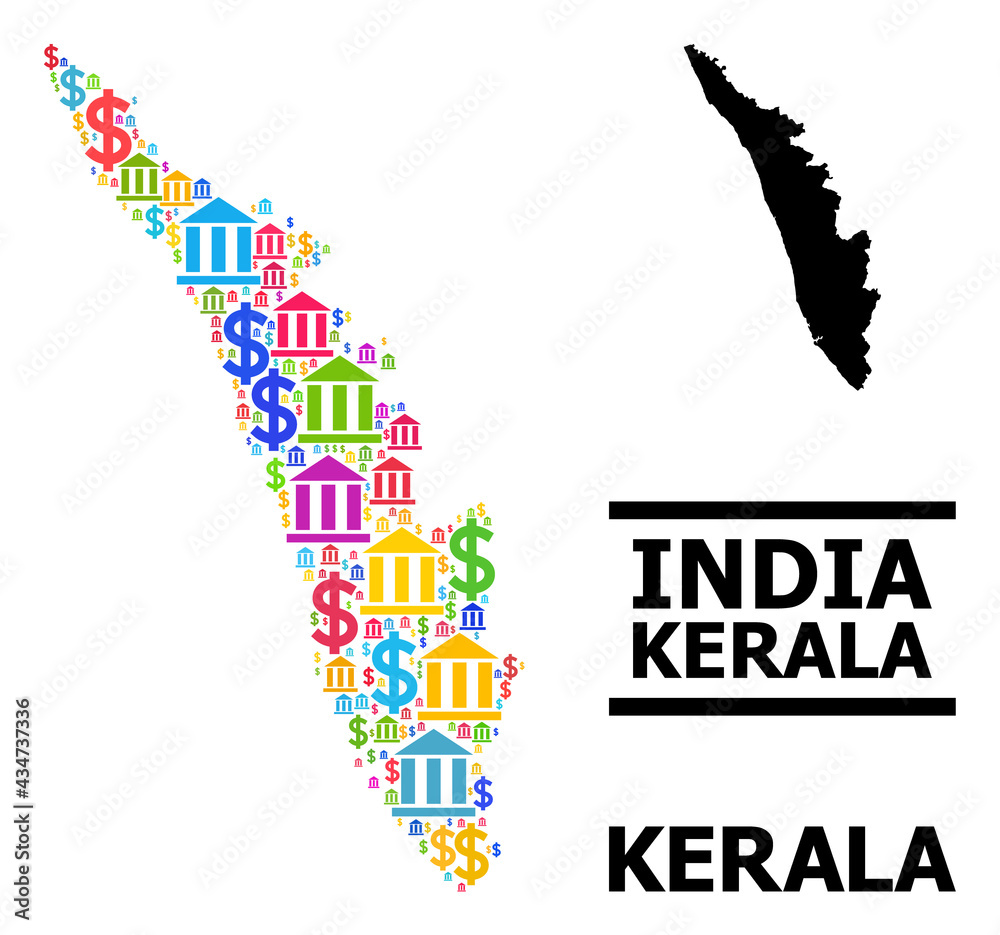 Bright colored bank and commercial mosaic and solid map of Kerala State ...