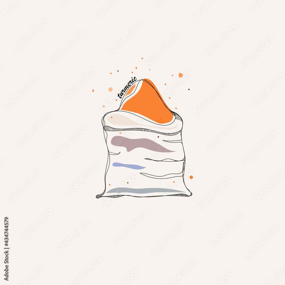 Spice bag. Line art drawing of turmeric. Drawing with colored spots ...