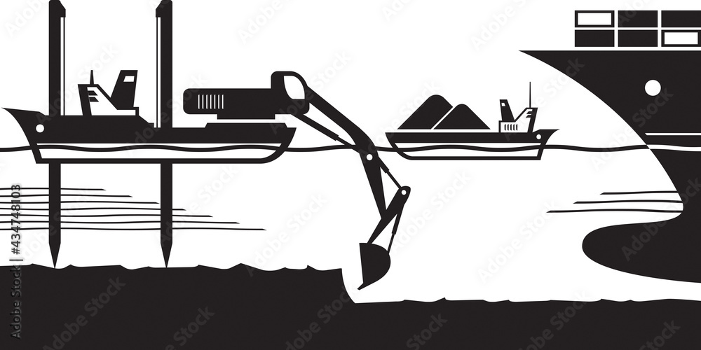 Barge excavator make way of cargo ship – vector illustration Stock ...