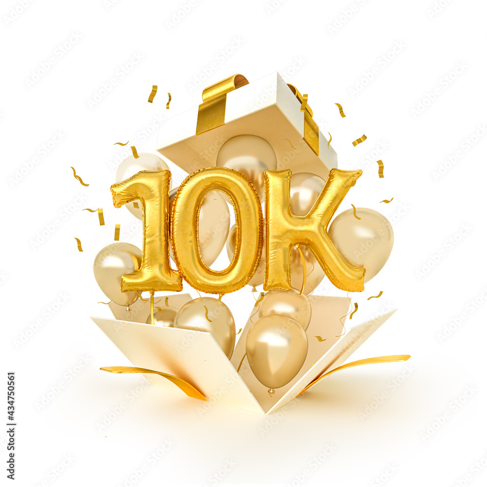 Golden balloons in celebration of 10k followers. Gift box with flying ...