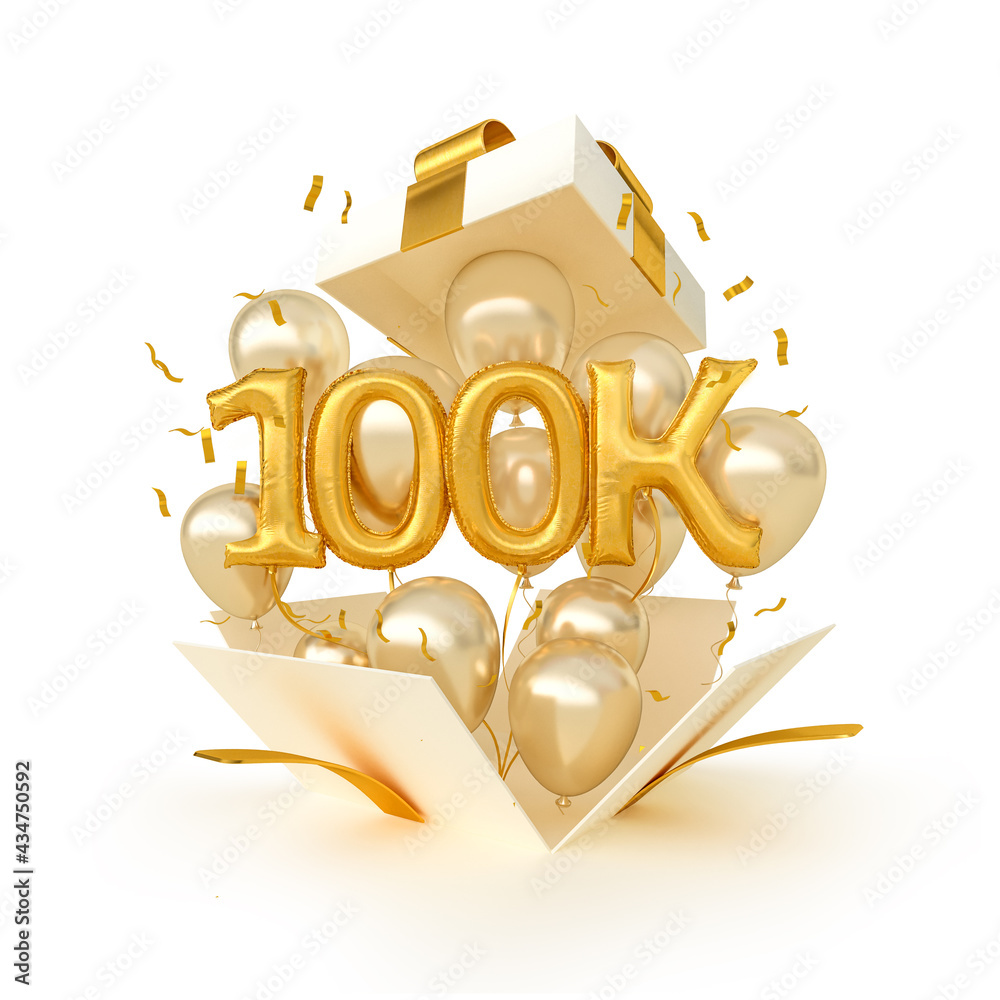 Golden balloons in celebration of 100k followers. Gift box with flying ...