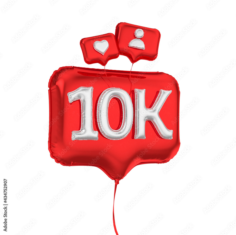 Red balloons in celebration of 10k followers. Like balloon. 3d ...