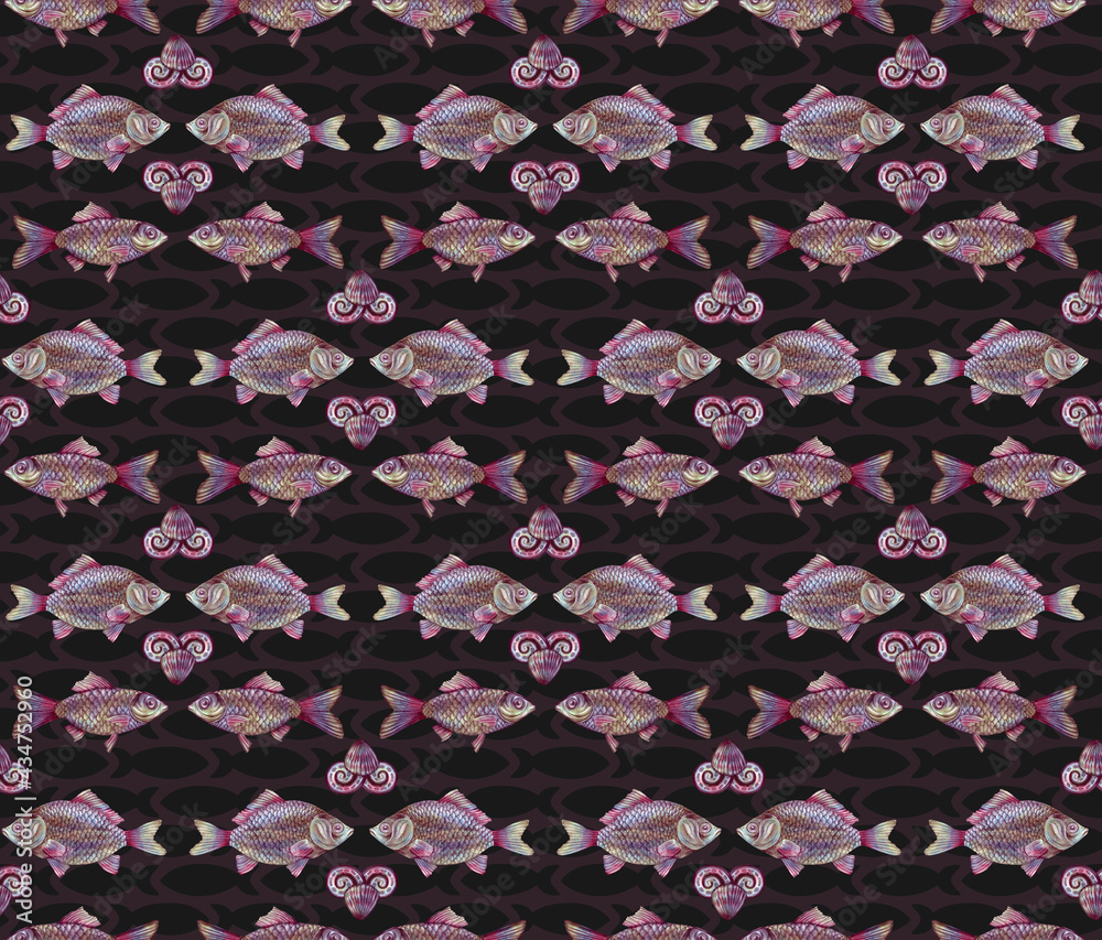 Pencil-drawn river fish carp or dorado in a stylish seamless pattern ...