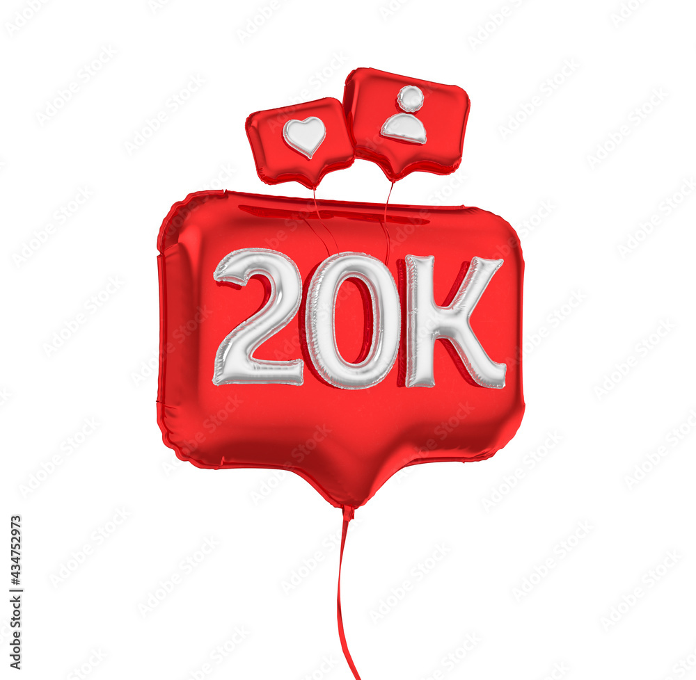 Red balloons in celebration of 20k followers. Like balloon. 3d ...