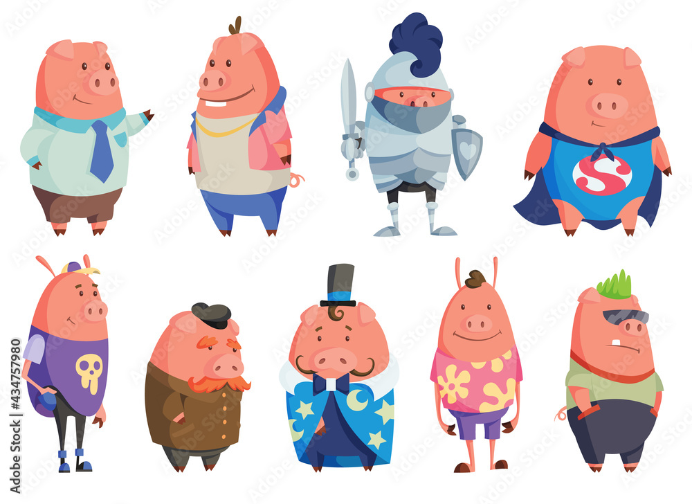 Set of happy cartoon pigs in different images. Illustration for funny ...