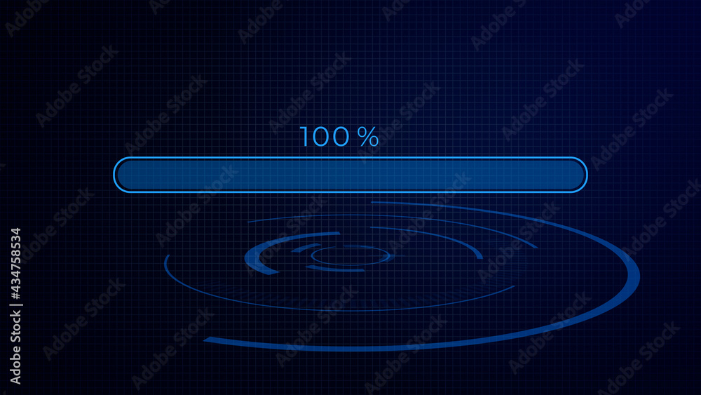 hundred percent or 100% digital loading bar on futuristic background ...