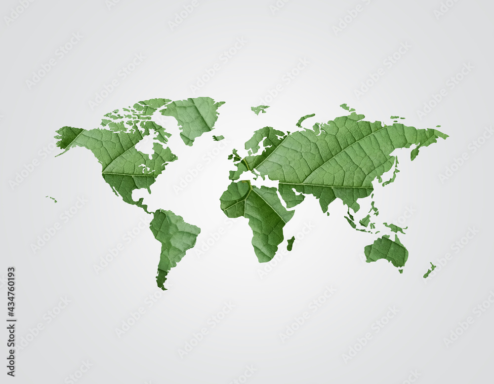 3D World Map Concept. Leaf shape of world map isolated on white ...