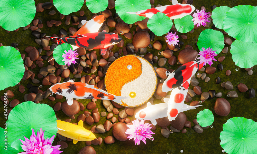 A group of koi or fancy crap swim in a circle. Surrounding the yin and ...