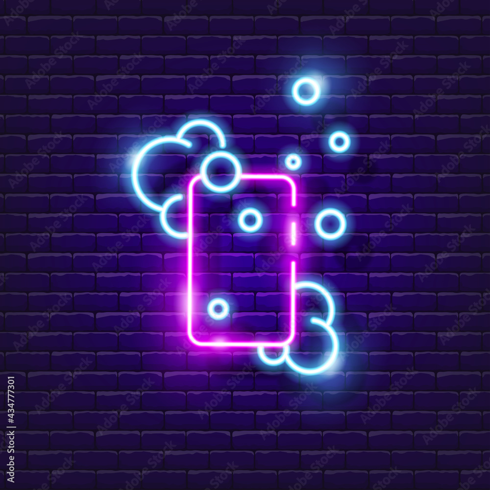 Soap and foam neon sign. Glowing soap icon. Vector illustration for ...