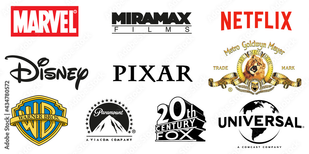 Set of popular film studio: netflix, marvel, pixar, disney, 20th fox ...