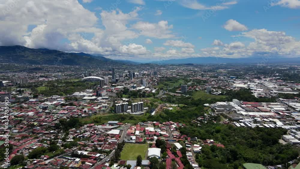 Beautiful cinematic aerial view of the City of San Jose Costa Rica, its ...