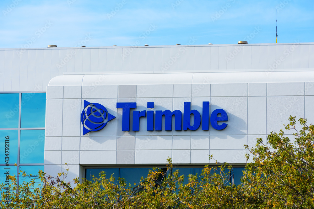 Trimble sign on headquarters exterior. Trimble develops positioning ...