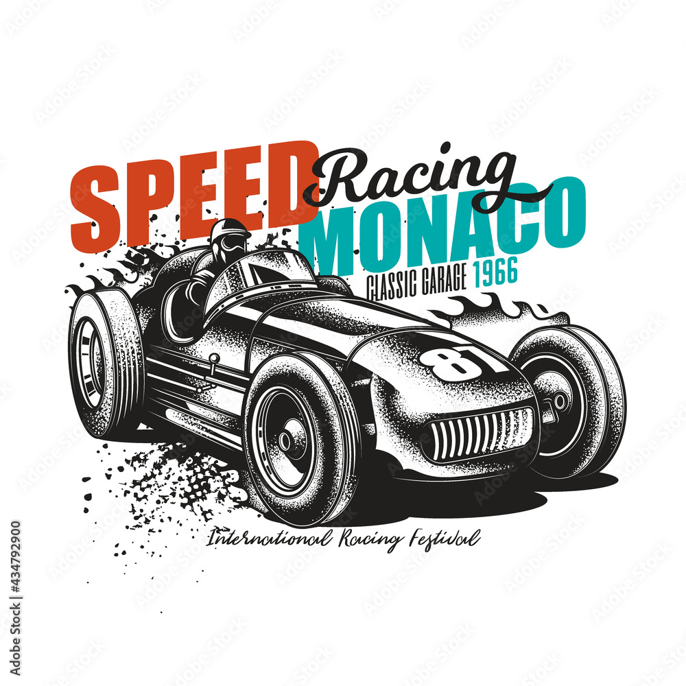 Original vector illustration in vintage style. An old vintage racing ...