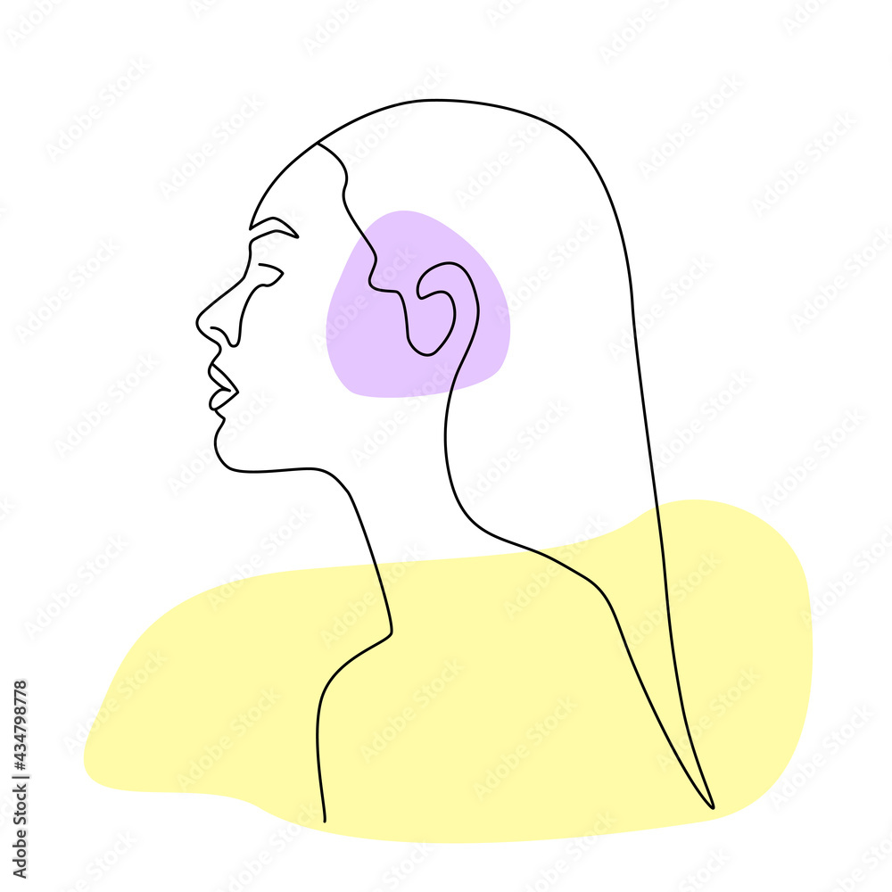 Contour drawing of a girl with abstract background. Line art ...