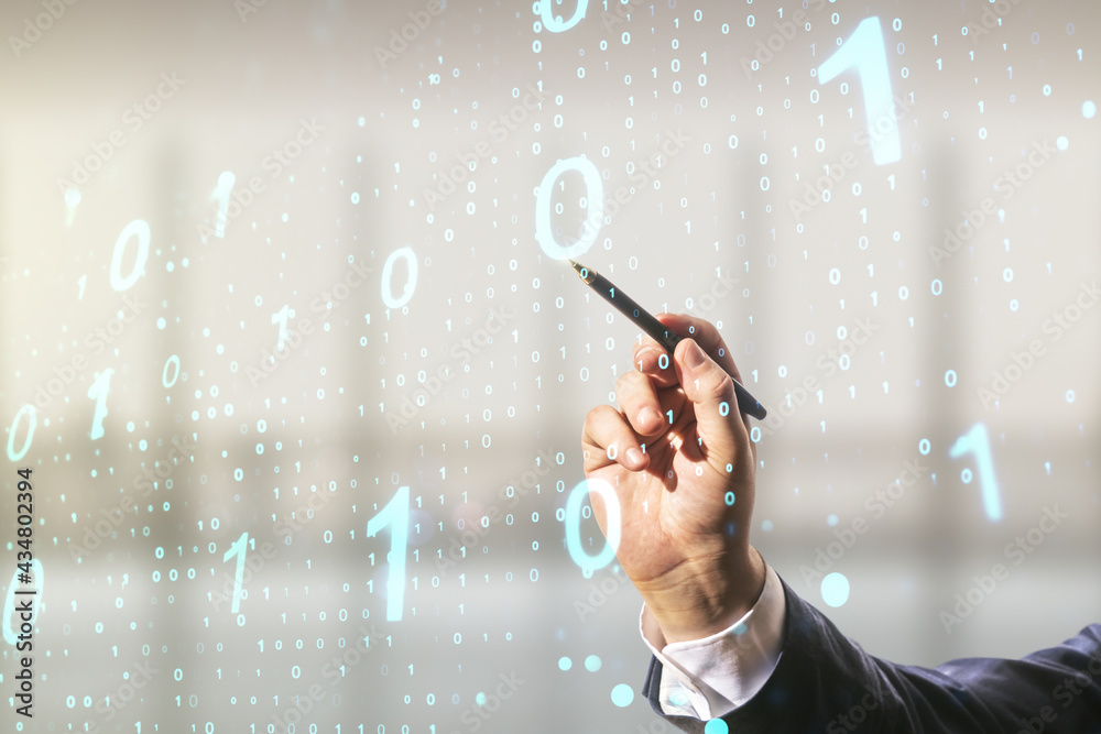 Double exposure of male hand with pen working with abstract virtual ...