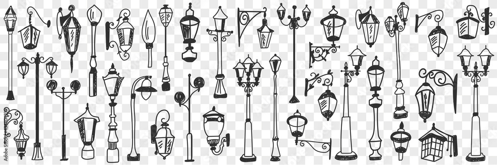 Outdoors vintage lamps doodle set. Collection of hand drawn various ...