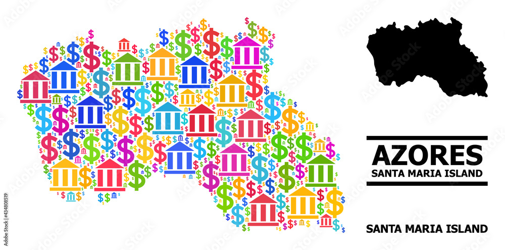 Bright colored bank and commerce mosaic and solid map of Santa Maria ...