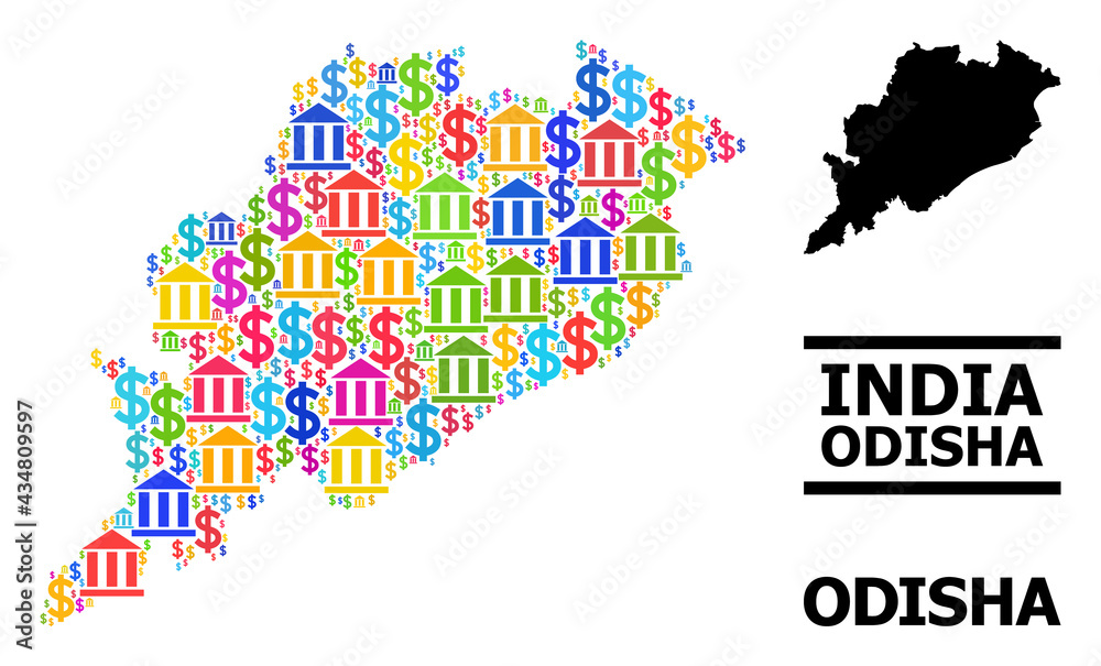 Vecteur Stock Bright colored bank and business mosaic and solid map of ...