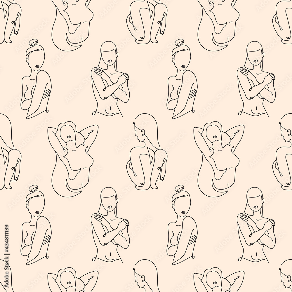Seamless pattern with woman body in line art style. Elegant background ...