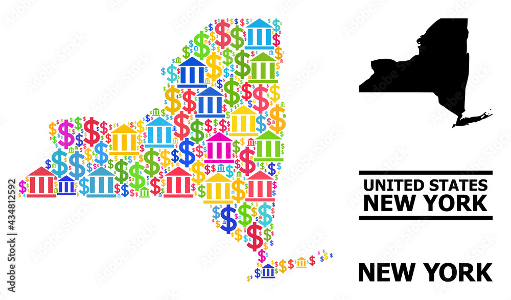Bright colored financial and money mosaic and solid map of New York ...