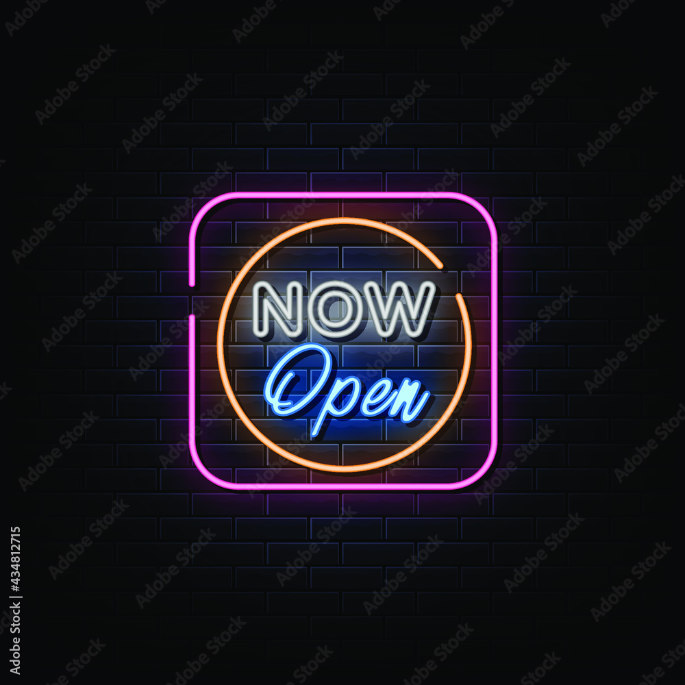 Now open neon sign, neon symbol Stock Vector | Adobe Stock